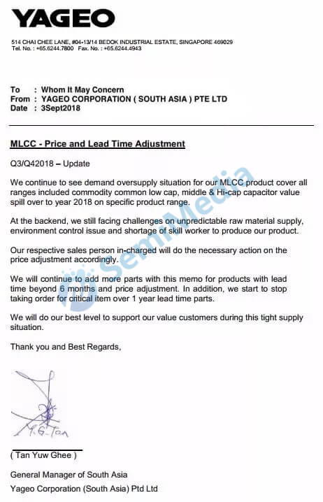 Yageo again releases MLCC price adjustment notice – SemiMedia